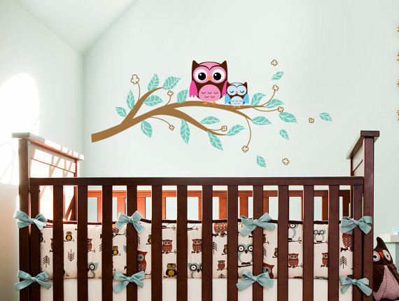 Mom And Baby Cute Owls On Tree Branch Owl Bird Birds Art Decals Wall ...