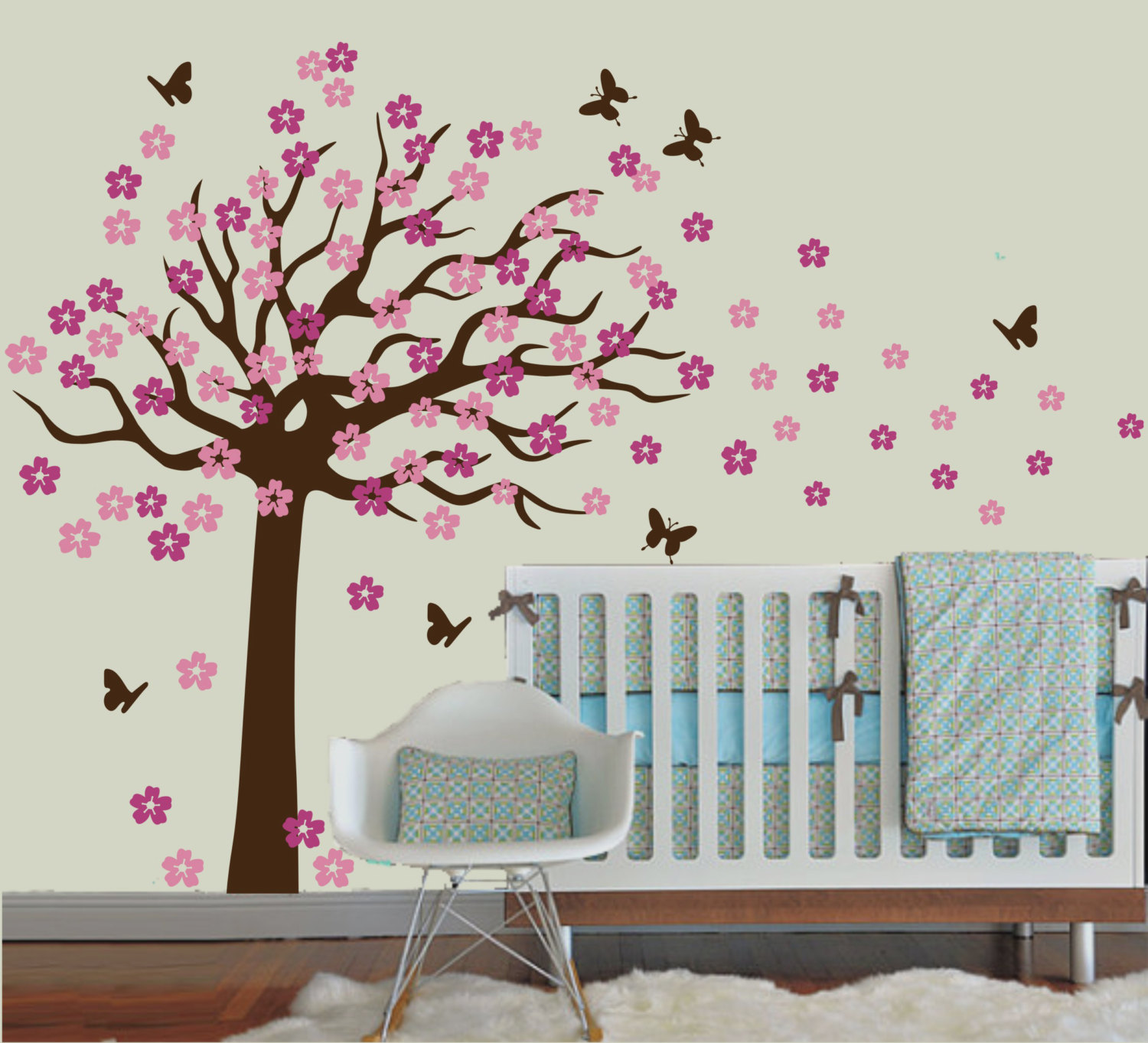 Vinyl Wall Decal Two Set Flower Butterfly Cherry Blossom Tree Trees ...